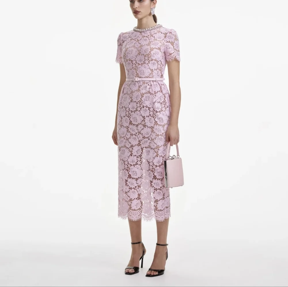 Self-Portrait | Dresses | Selfportrait Pink Fine Lace Pearl Midi Dress ...